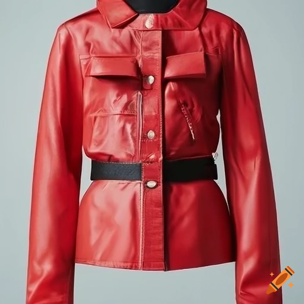 Red jacket by junya watanabe with unique strap details on Craiyon