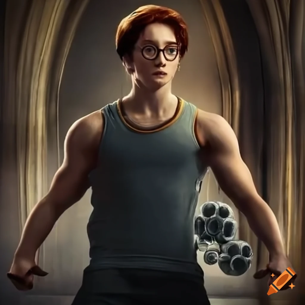 Harry Potter showing strength and determination in gym workout on Craiyon