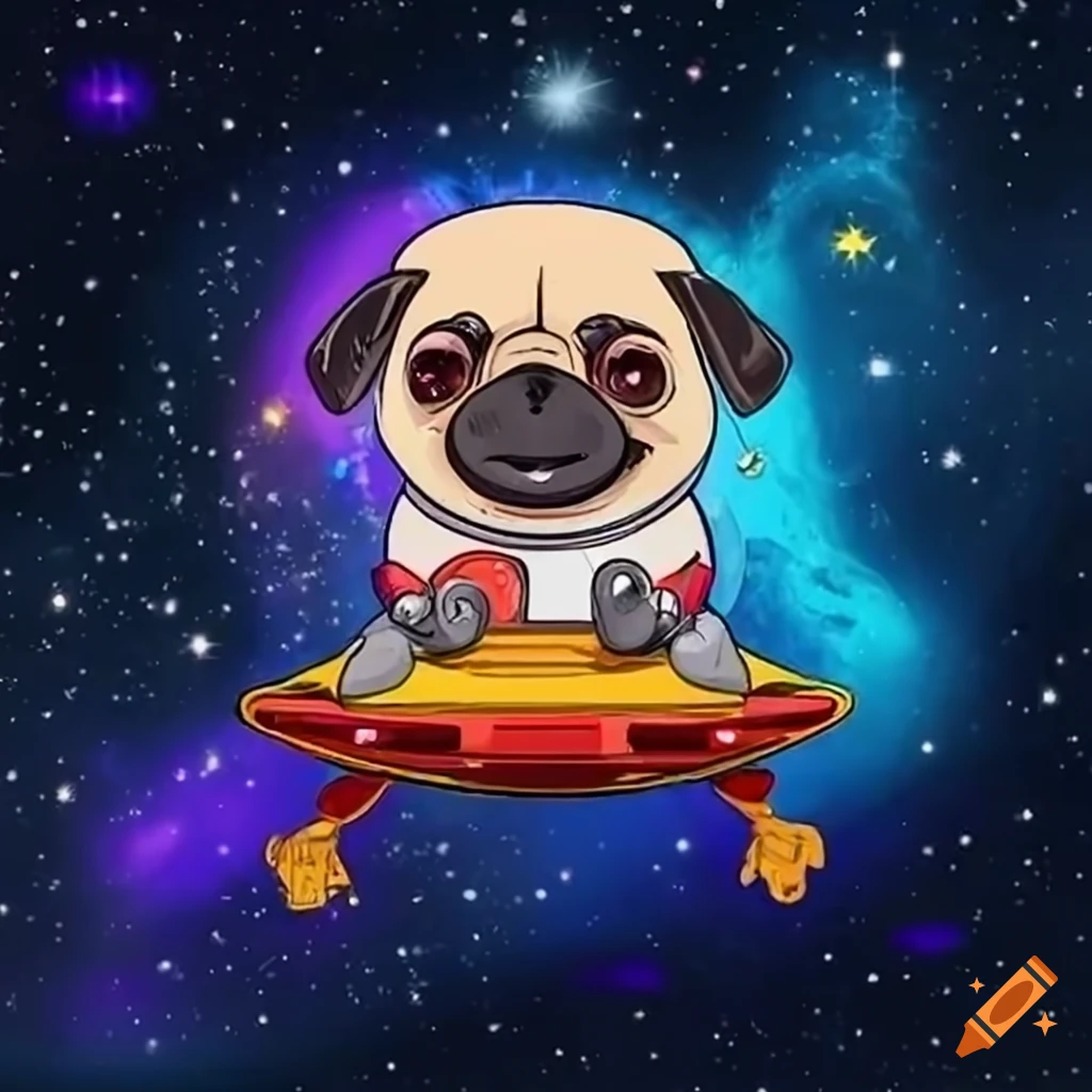 Happy astronaut pugs flying spaceship in cosmic space on Craiyon