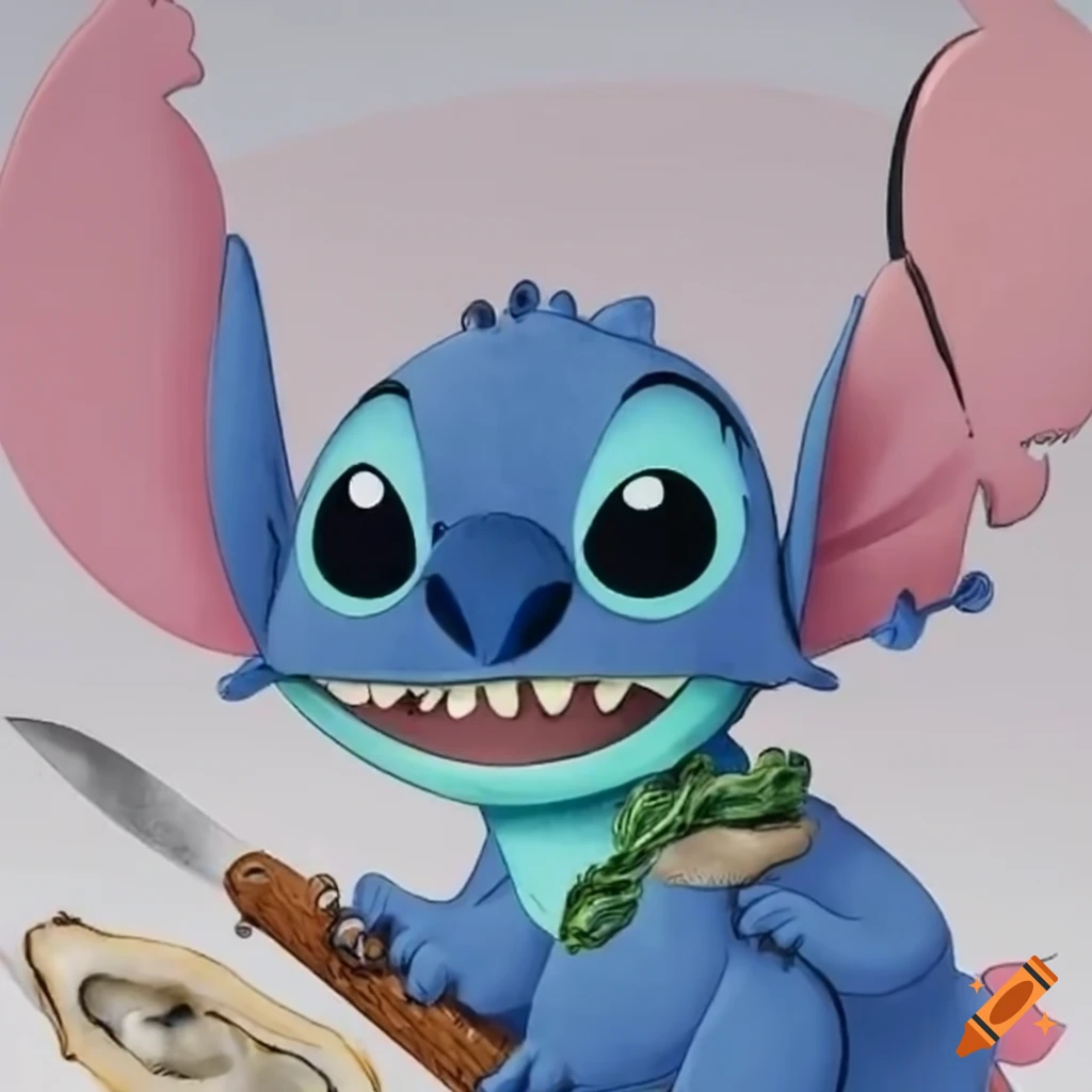 Stitch holding a thank you sign with an oyster knife on Craiyon