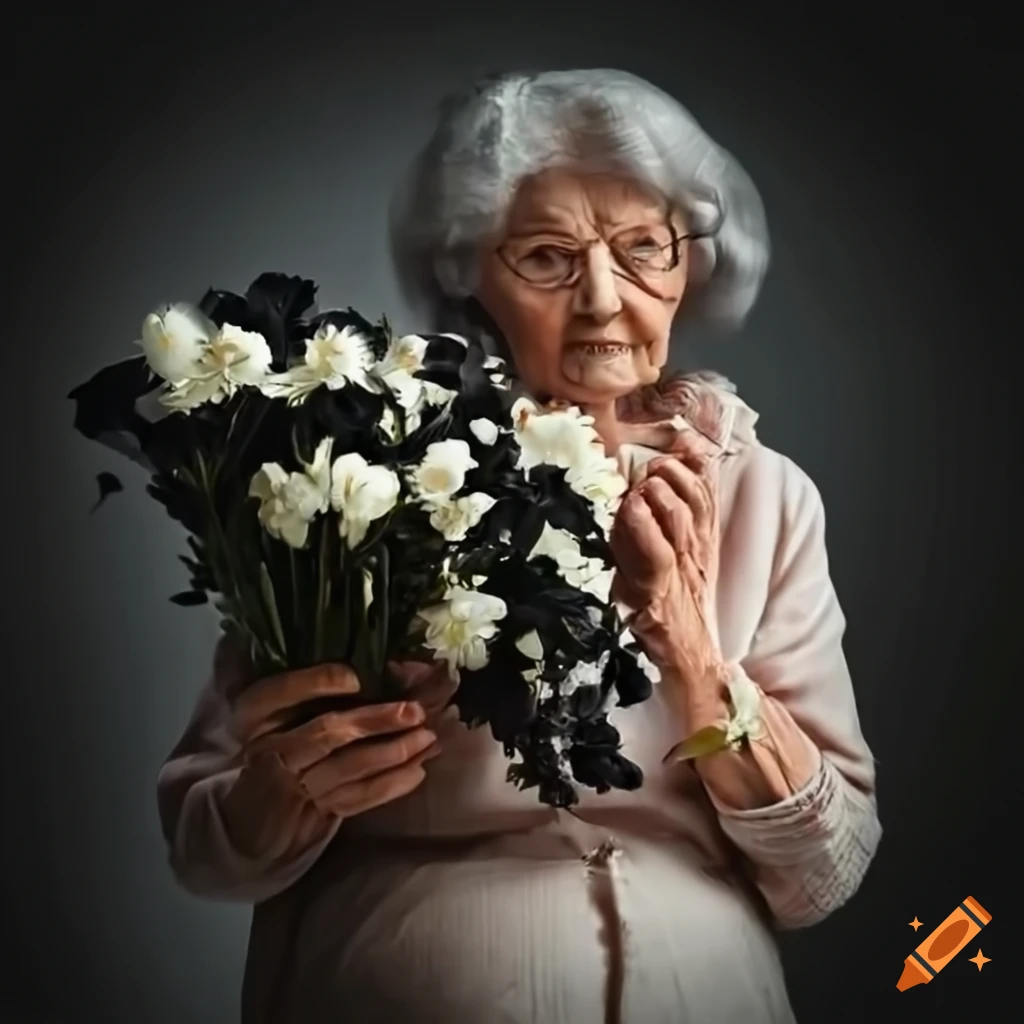 Old lady holding white and black flowers bouquet on Craiyon