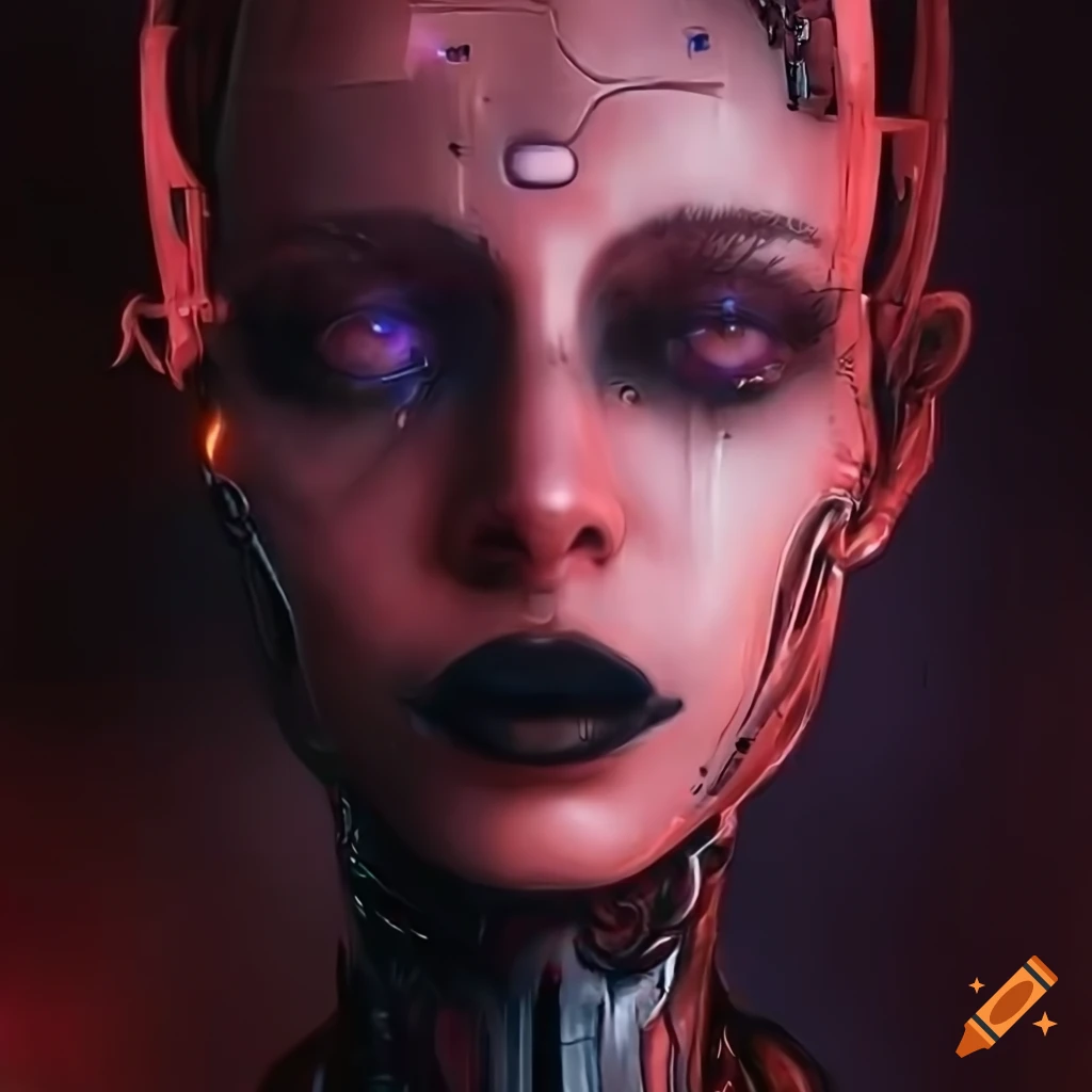 Close-up of a female cyborg goddess in a dark cyberpunk cityscape on ...