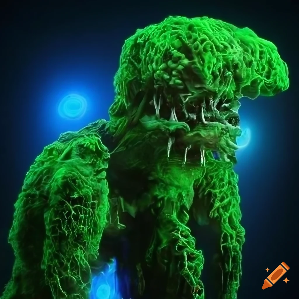 Biopunk cityscape with green moss, plants, mushrooms, and cyborg Mutant ...