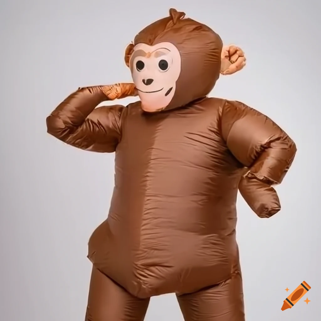Man in brown and white inflatable monkey suit on Craiyon