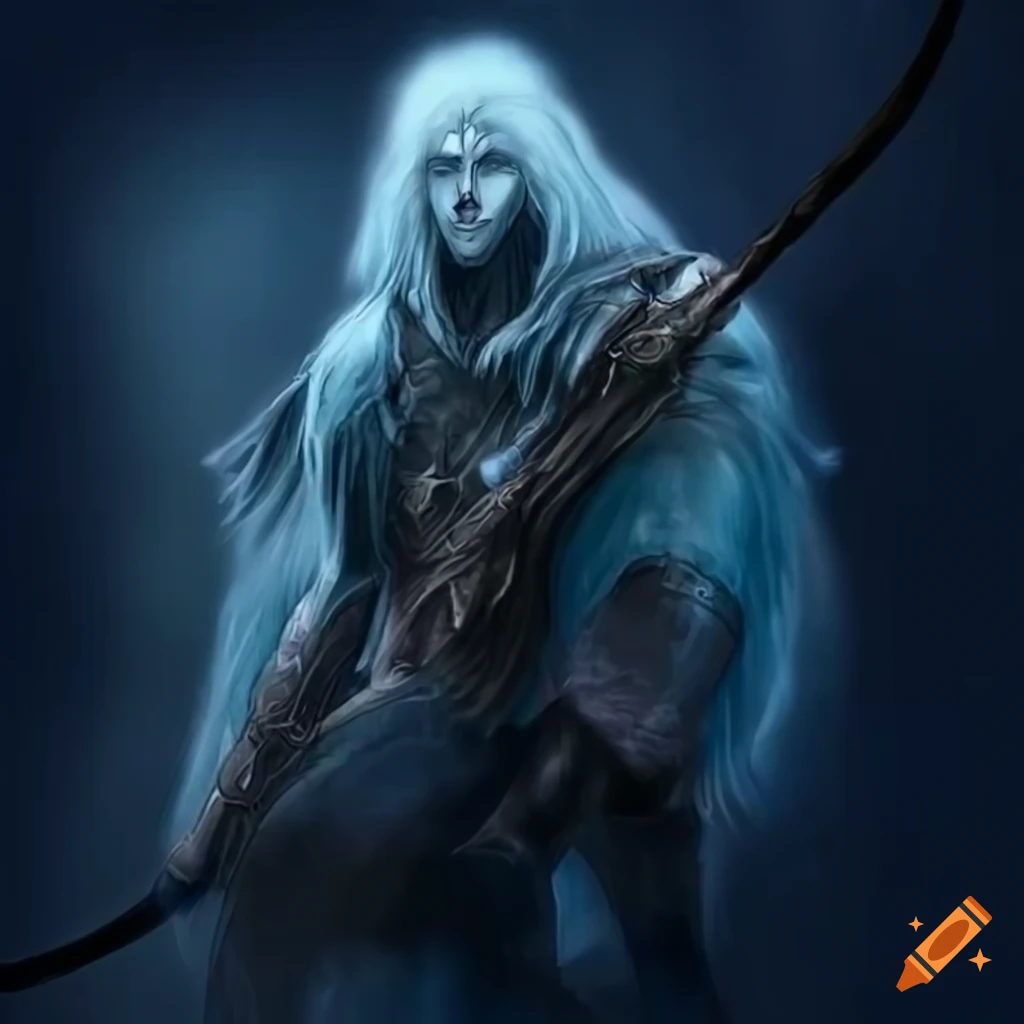 Scary hoary hunter male ice fey with bow and sword riding a frost ice ...
