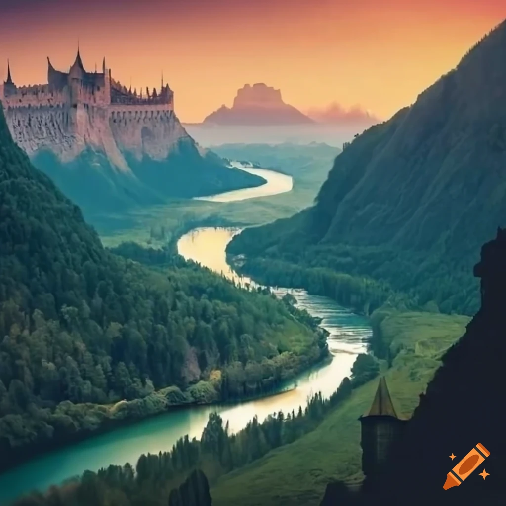 Panoramic view of two medieval castles on opposing mountains with a ...