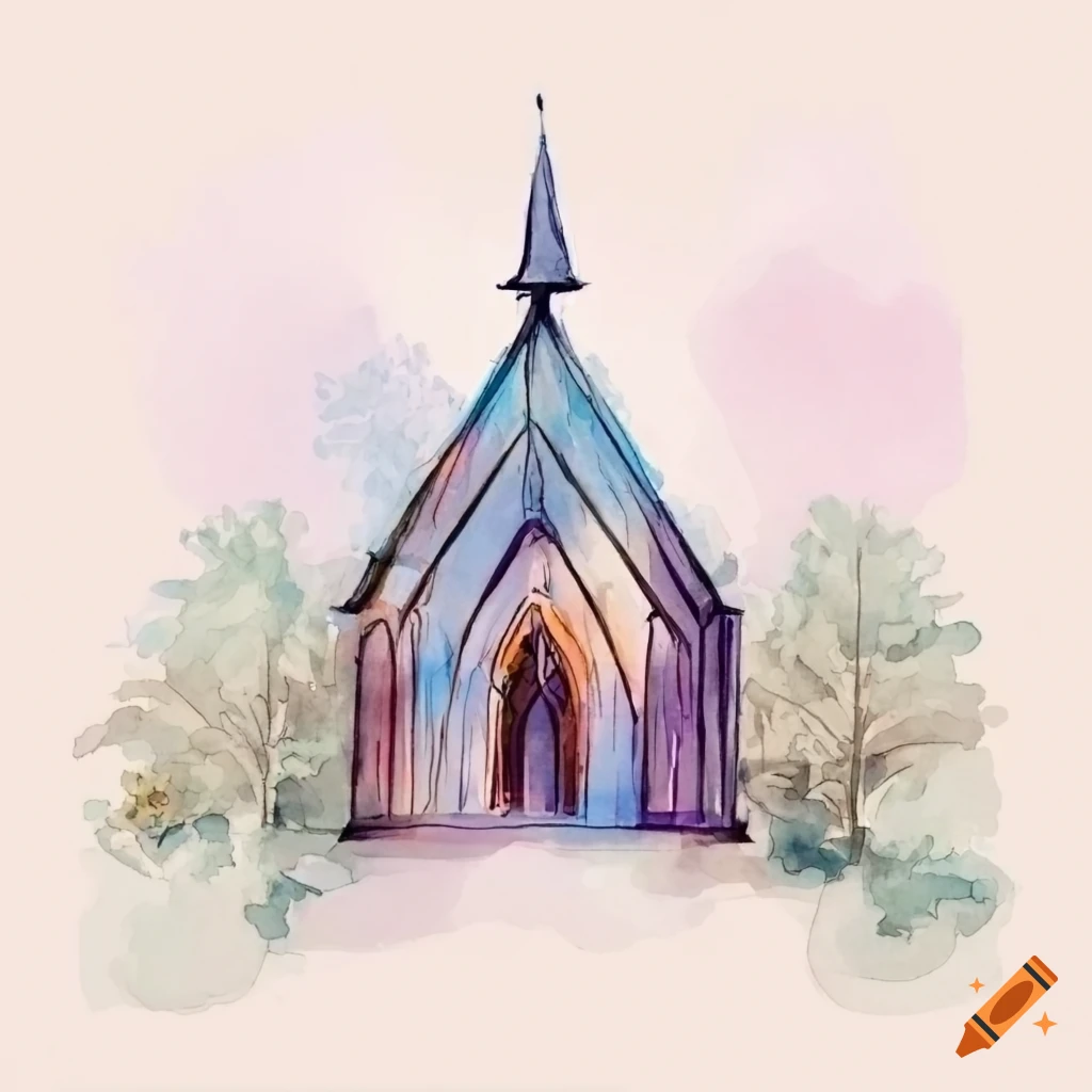 Watercolor wedding in a glass chapel in a forest grove on Craiyon