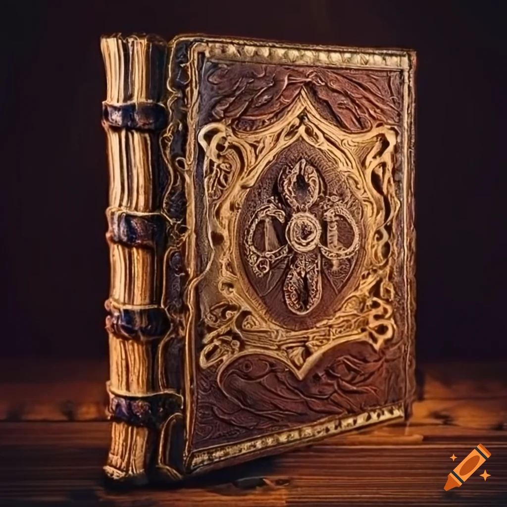 Ancient leather-bound holy book with symbolic designs in close-up on ...