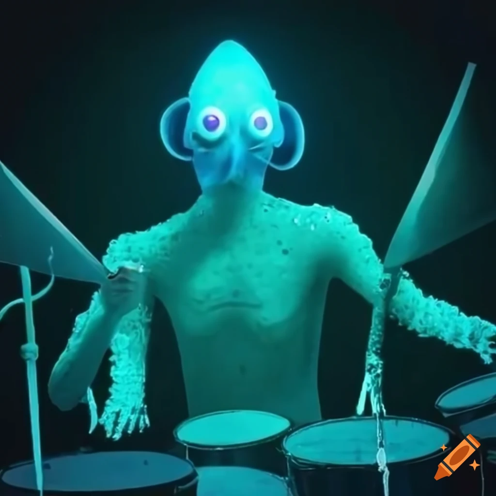 Glowing humanoid squid man playing drums underwater on Craiyon