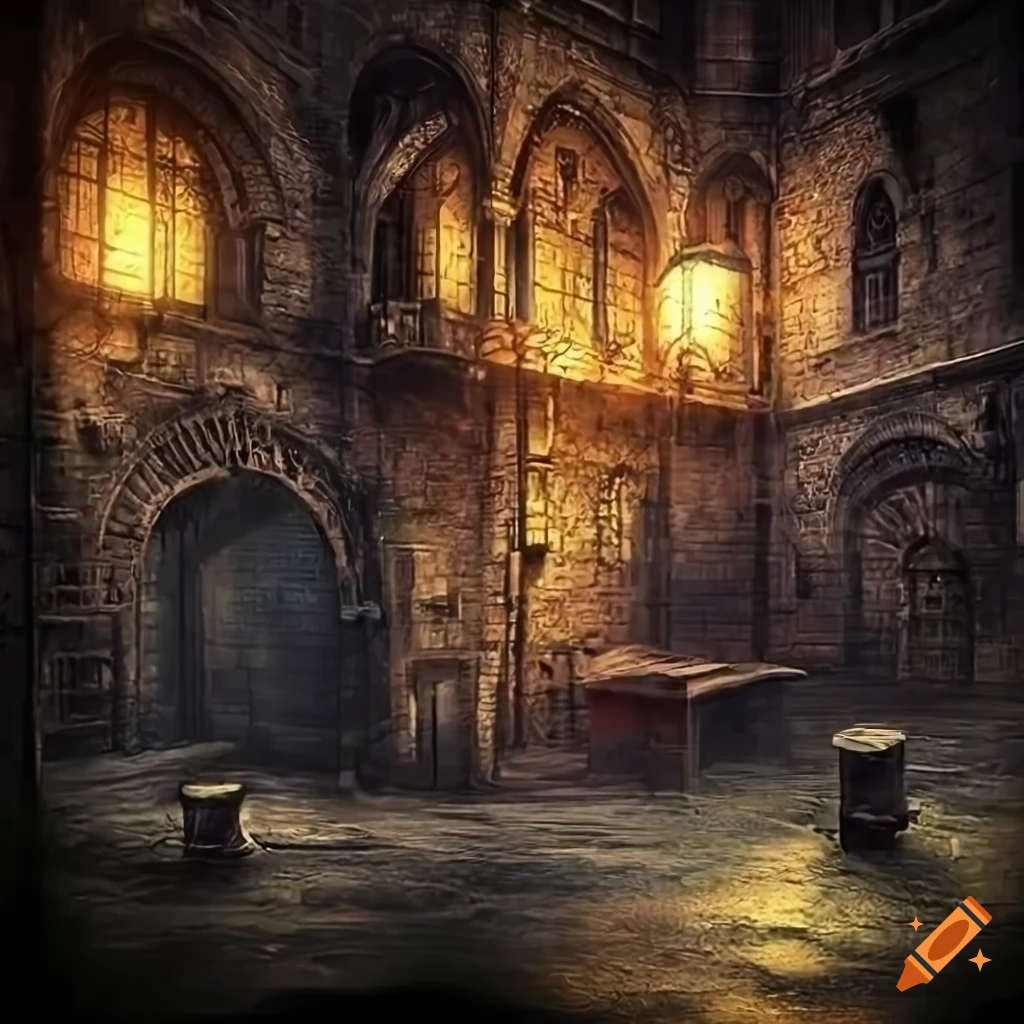 Steampunk medieval city prison in a rainy night on Craiyon