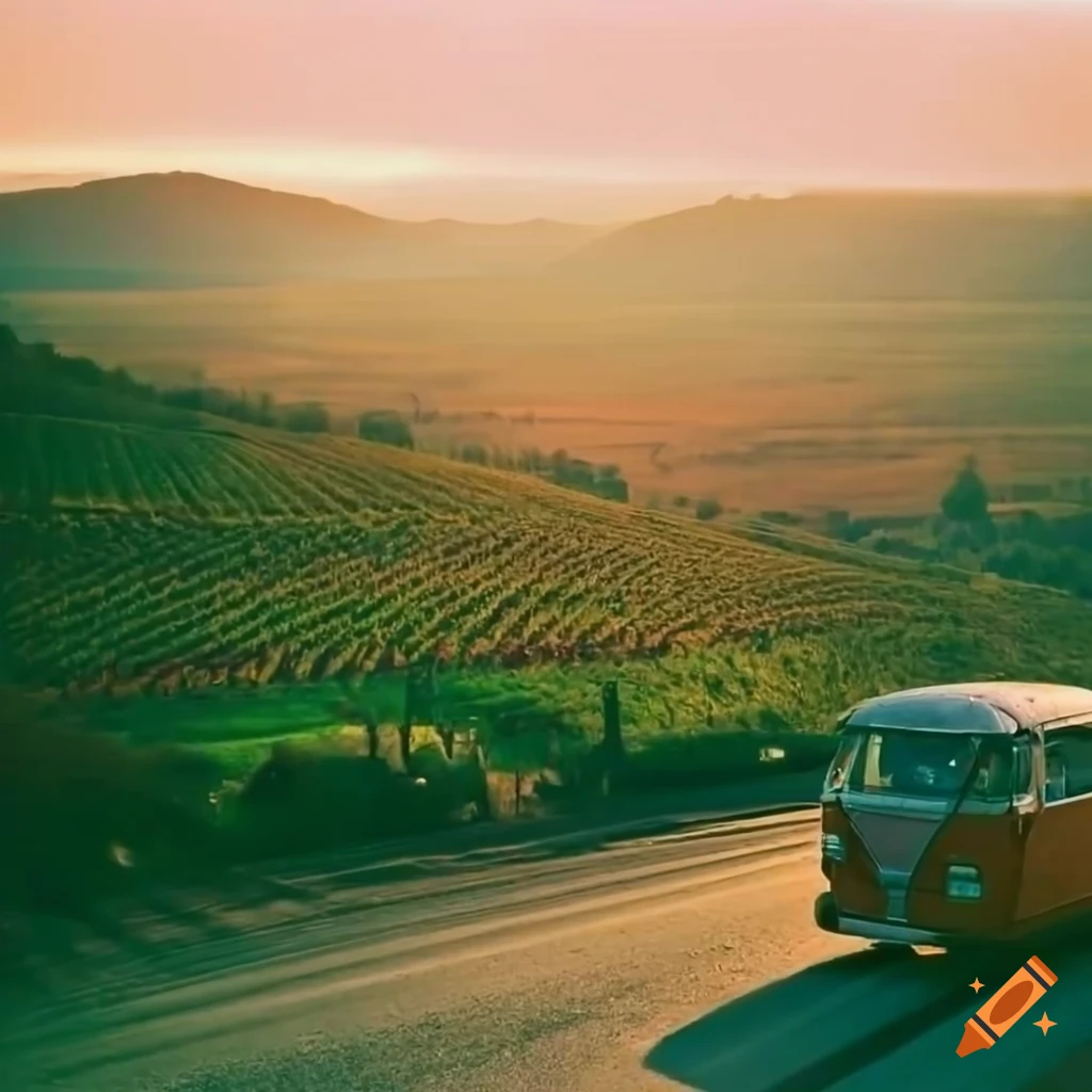 Side view of a combi van driving with vineyards at sunset on Craiyon