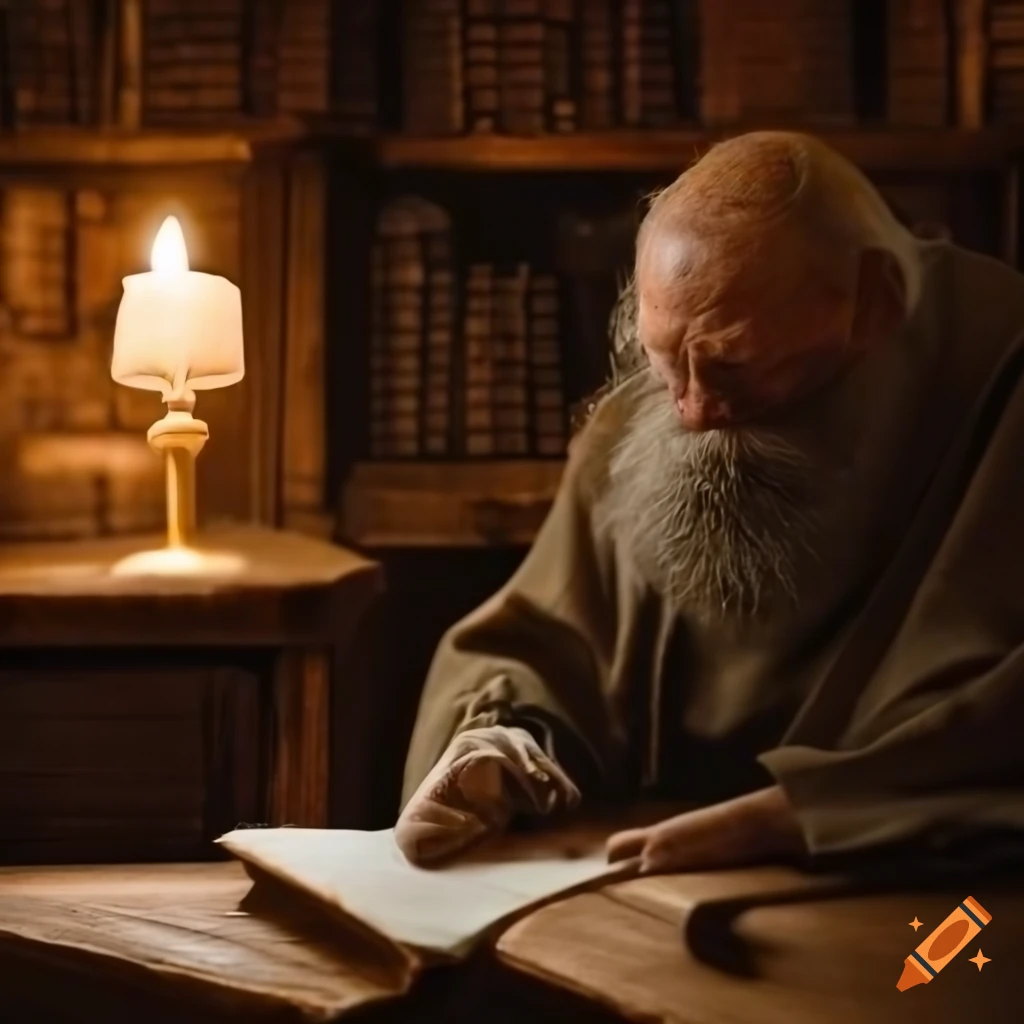 Dark and dusty medieval monastery library with old oak bookshelves and ...