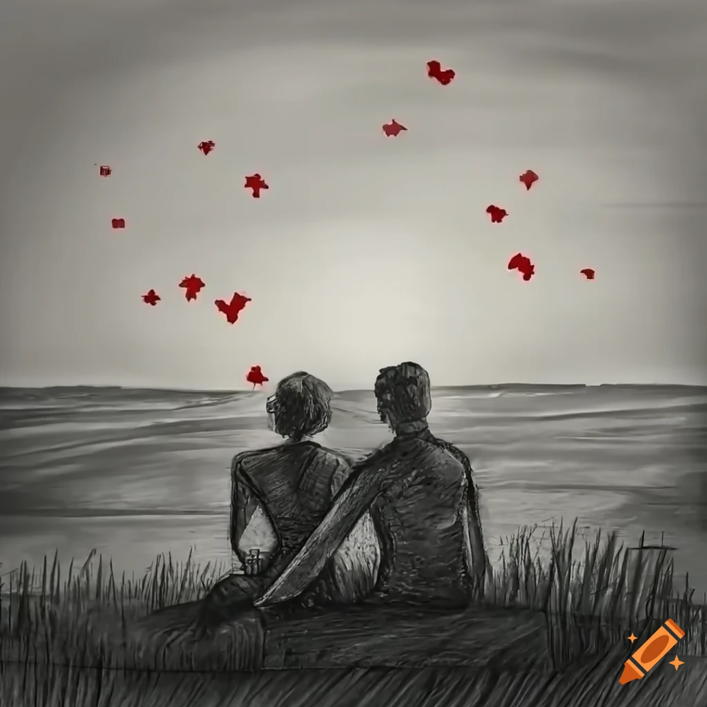 Two lovers sitting at sunset on a cliff with heart-shaped red stars in ...