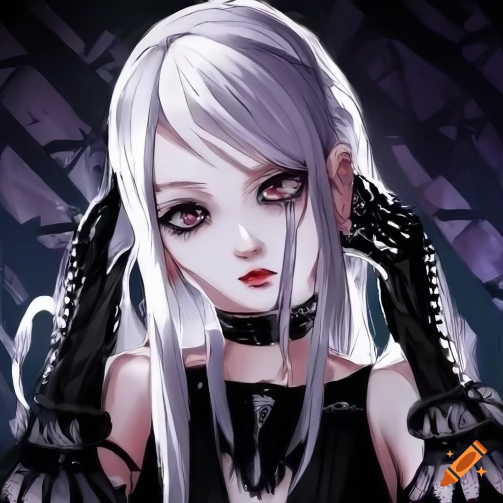 Goth anime woman in white dress and black boots on Craiyon