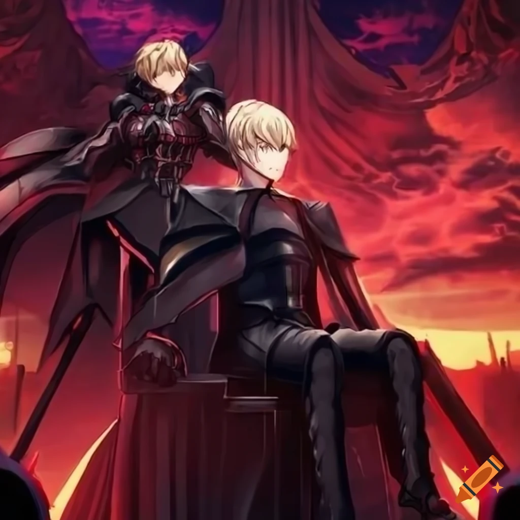 Male king sitting on a throne with saber alter in a fate setting on Craiyon
