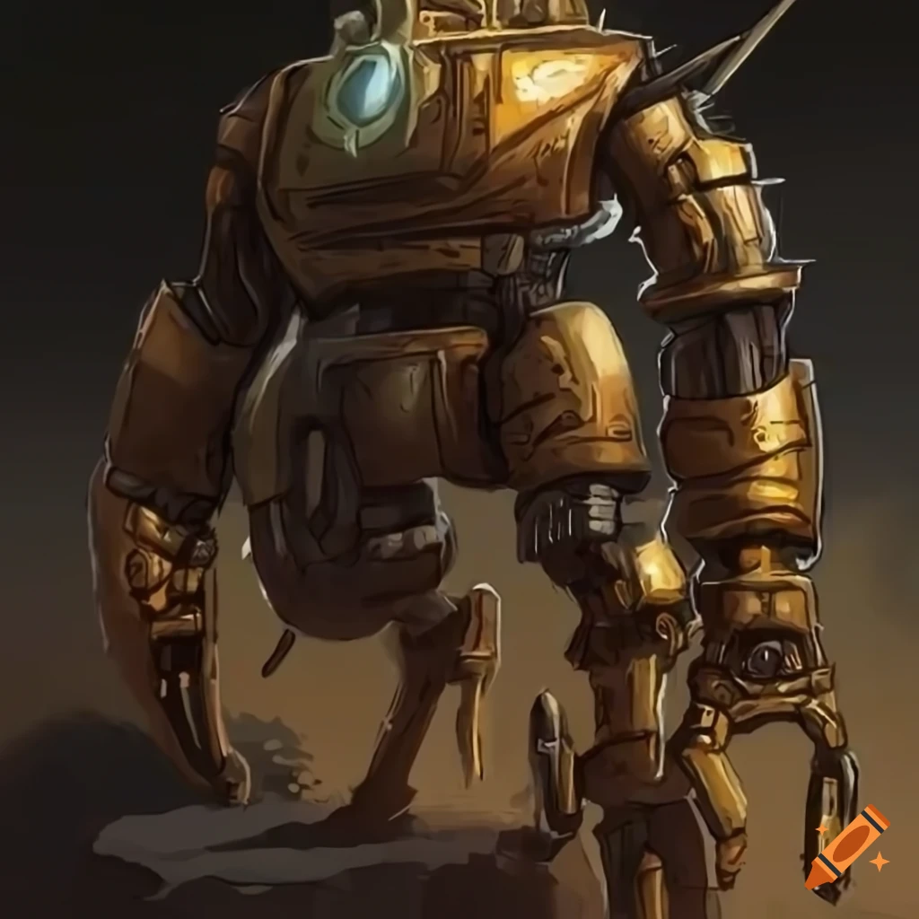 Construction robot wielding a DnD hammer and claw in a fantasy art ...