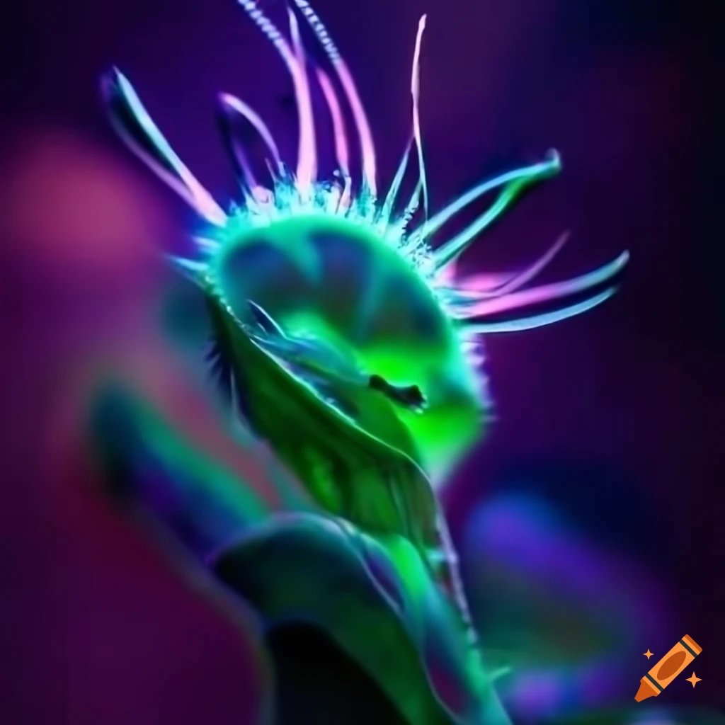 Biopunk Venus flytrap creature in a mossy cybernetic cityscape on Craiyon