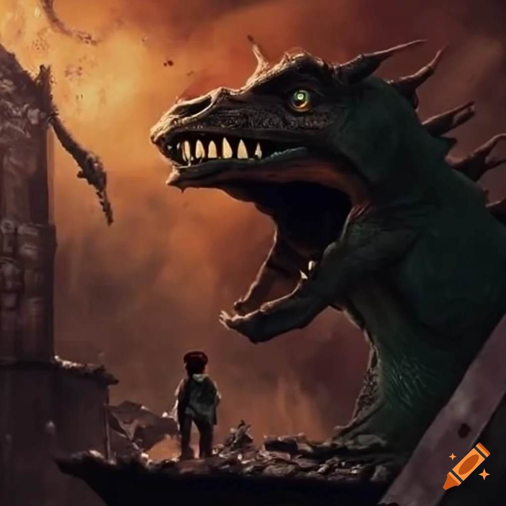 Legendary sci-fi monster gorgo peering through a destroyed roof at a ...