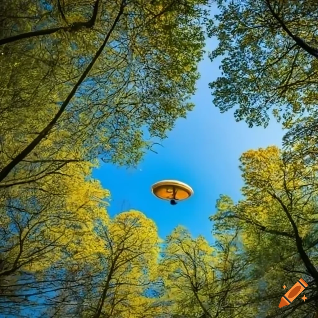 Flying saucer skimming over trees on a sunny summer day on Craiyon