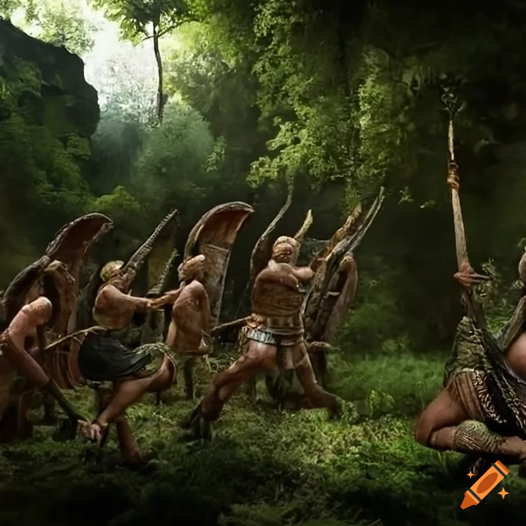 Ancient greek warriors preparing for battle in a lush tropical setting ...