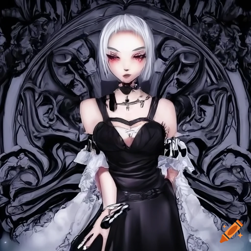 Goth anime woman in white dress and black boots on Craiyon