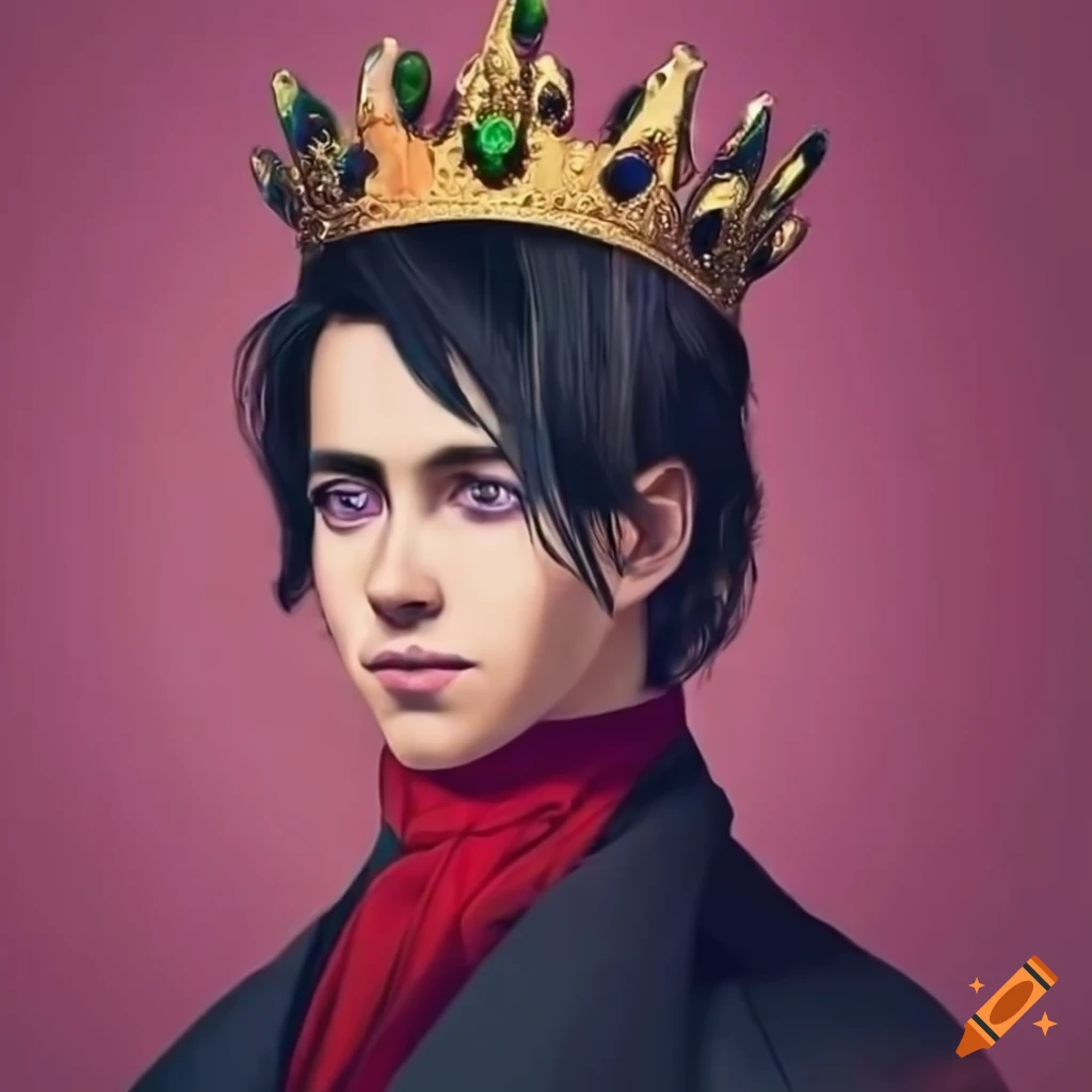 Young handsome king in red robes with purple eyes and a crown on Craiyon