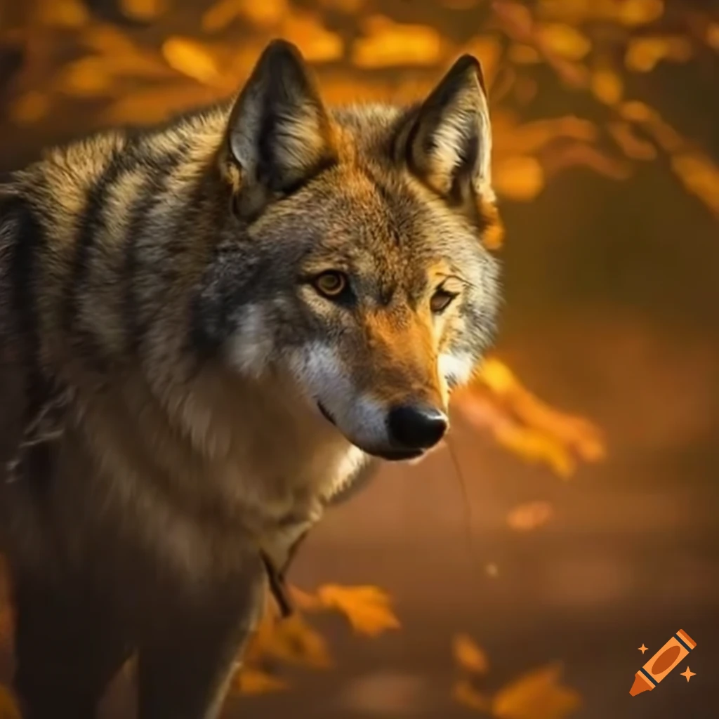 Magnificent wolf among autumn leaves staring into the distance on Craiyon