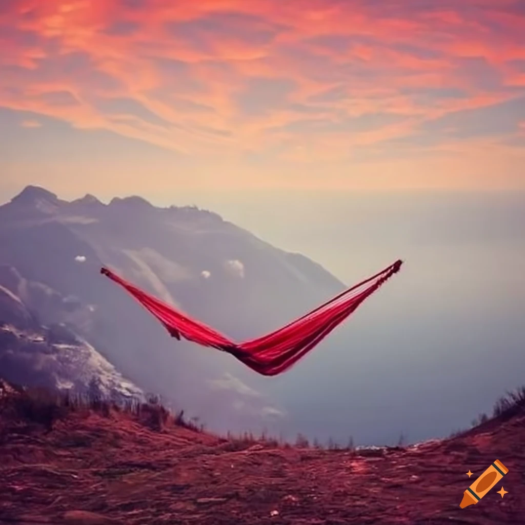 Red hammock set up in the mountains on Craiyon