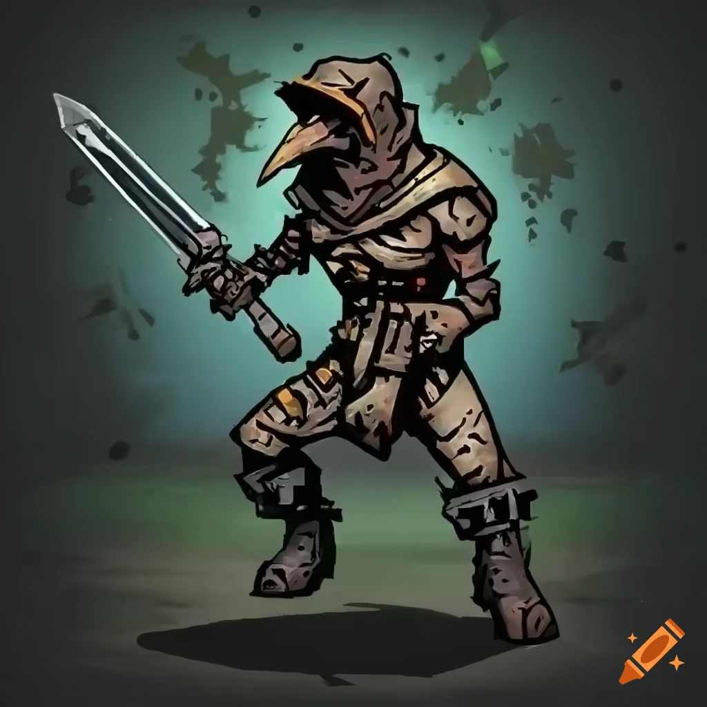 Brooding plague doctor with a sword in darkest dungeon style on Craiyon