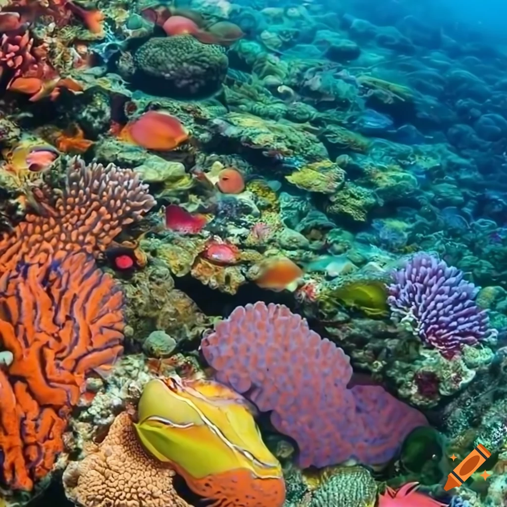 Colorful coral reef with fish, sea turtles, and vibrant corals on Craiyon
