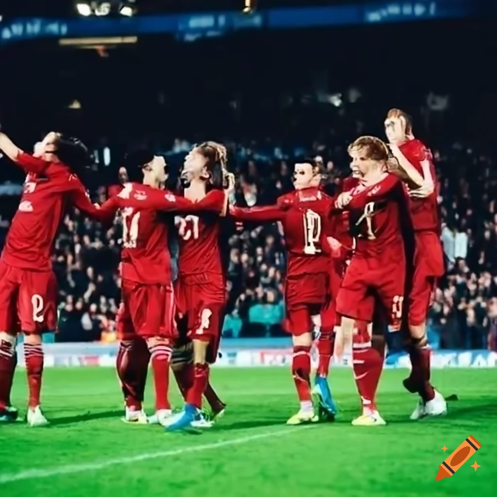 Football team celebrating a last-minute winning goal together on Craiyon
