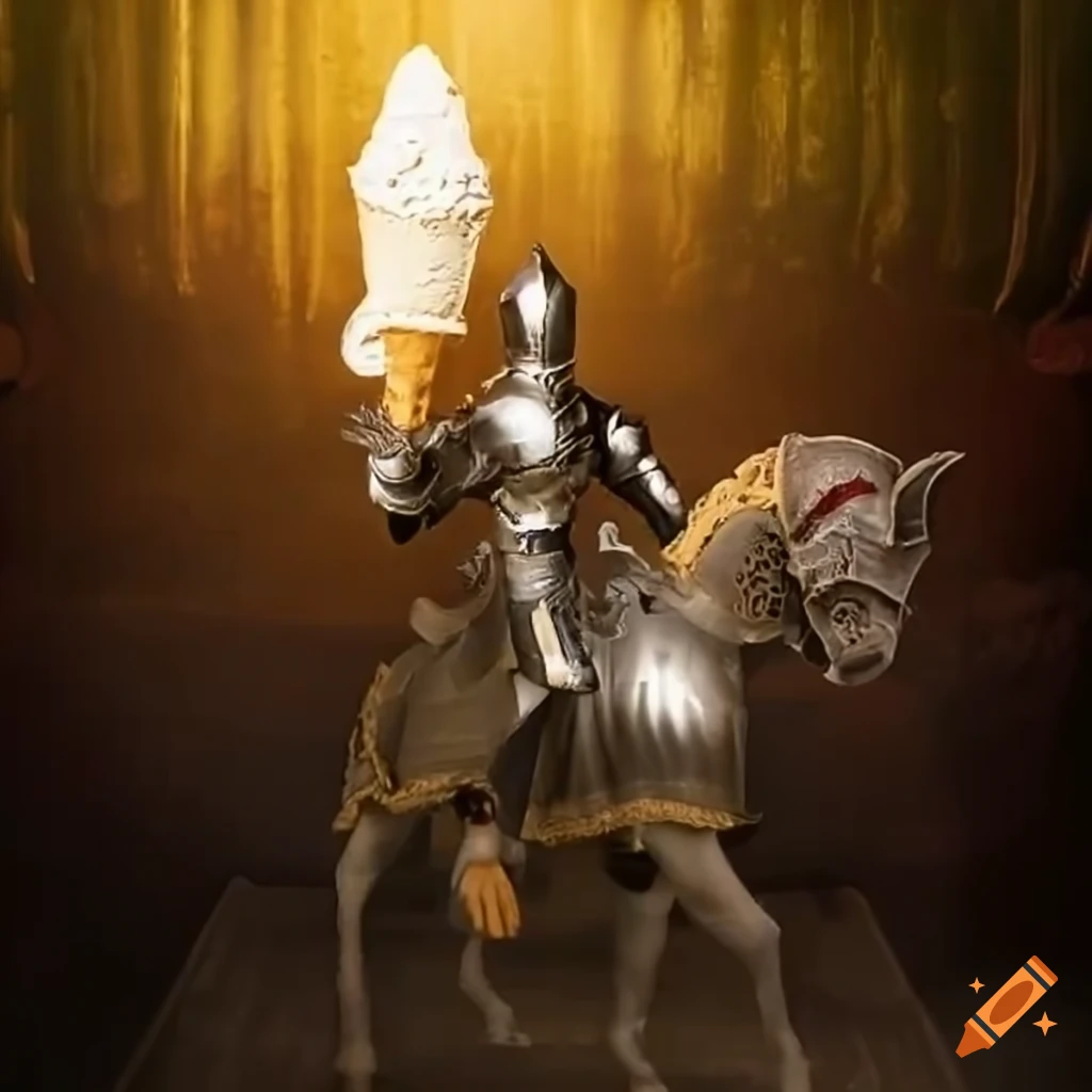 Knight in shining armor on a giant ice cream cone with a heavenly aura ...