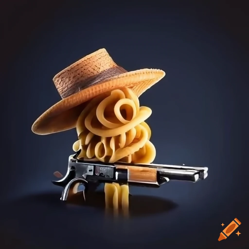 Fusilli pasta wearing a cowboy hat and holding a revolver on Craiyon