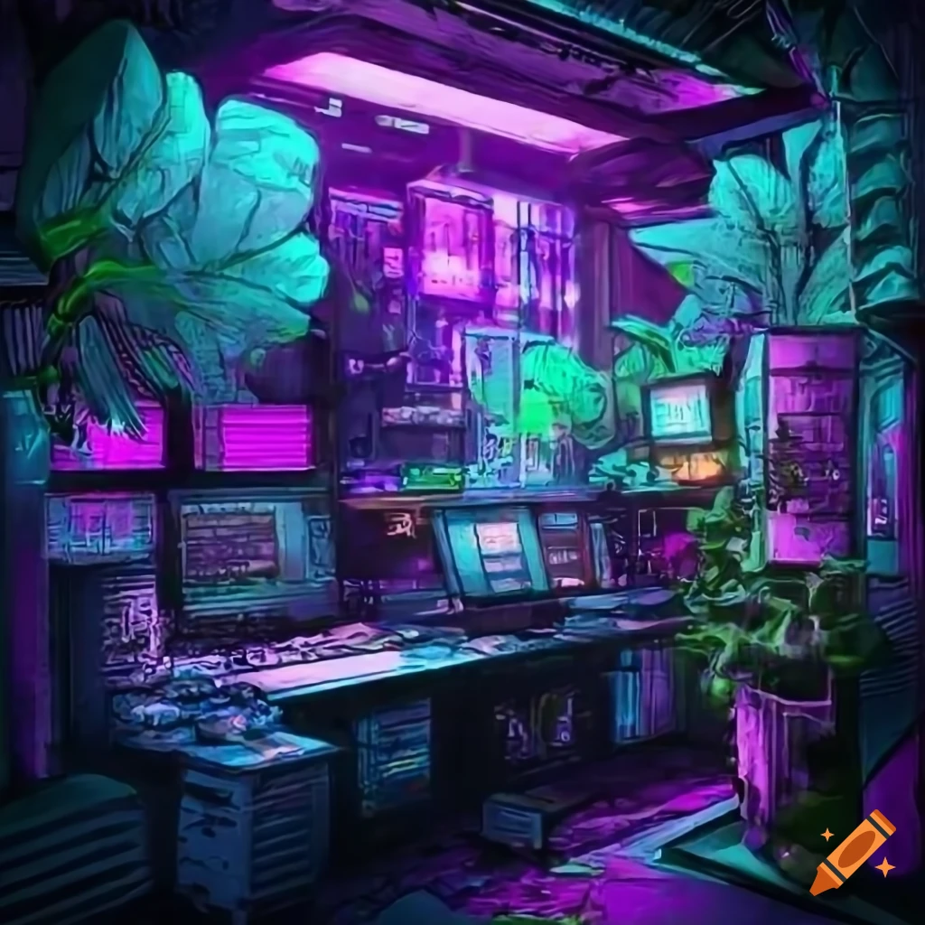 Cyberpunk laboratory with purple lighting and green plants on Craiyon