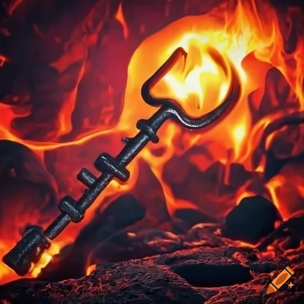 Flaming key with lava cave background and fire on Craiyon