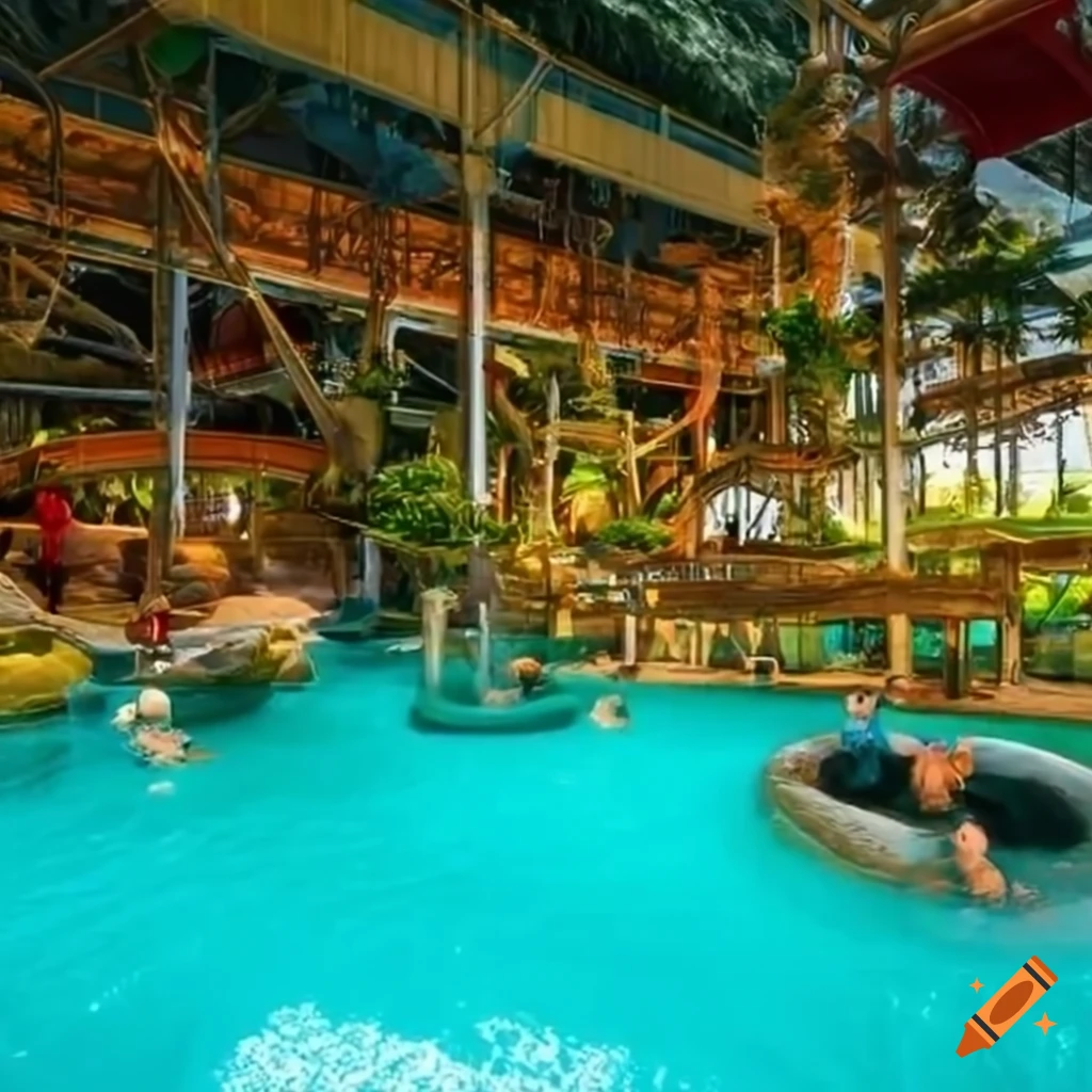 Indoor nature-themed waterpark with glass walls overlooking mountains ...