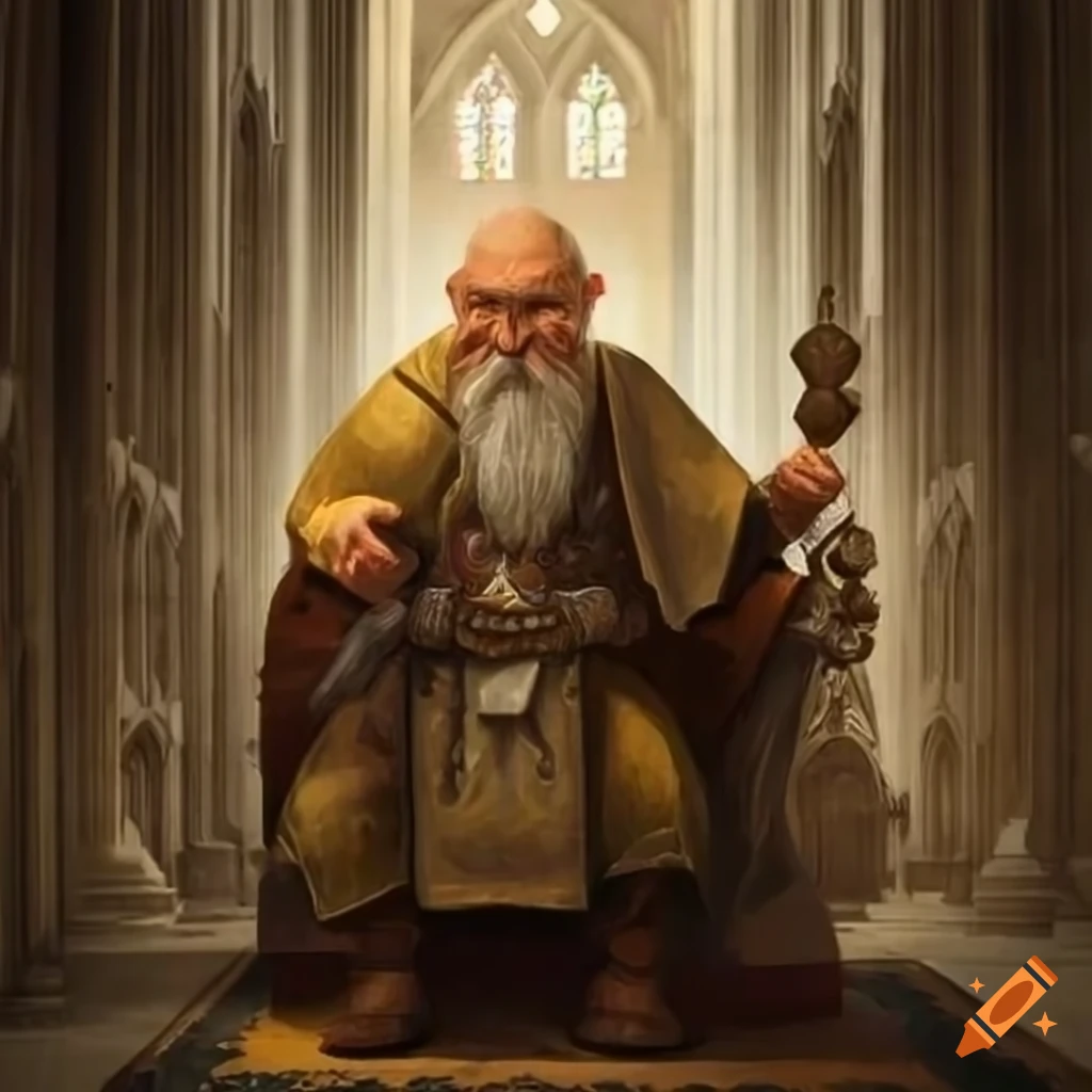 Wise old dwarf priest in a grand cathedral embodying faith on Craiyon