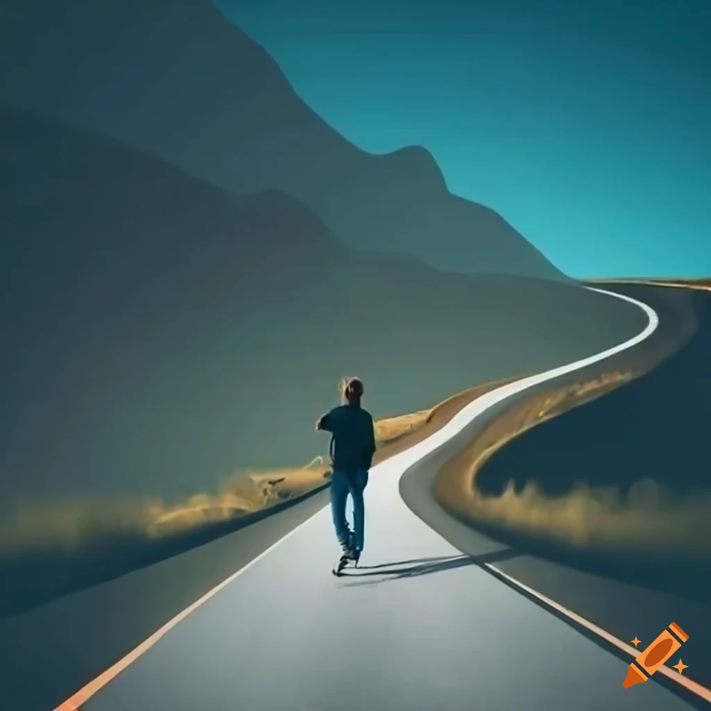 Man walking on a winding road stretching into the distance on Craiyon