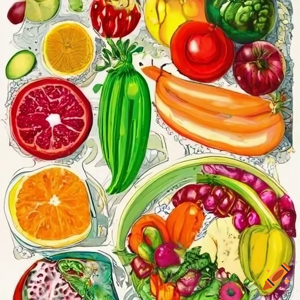 Vibrant book cover with blended fruits and vegetable dishes on Craiyon