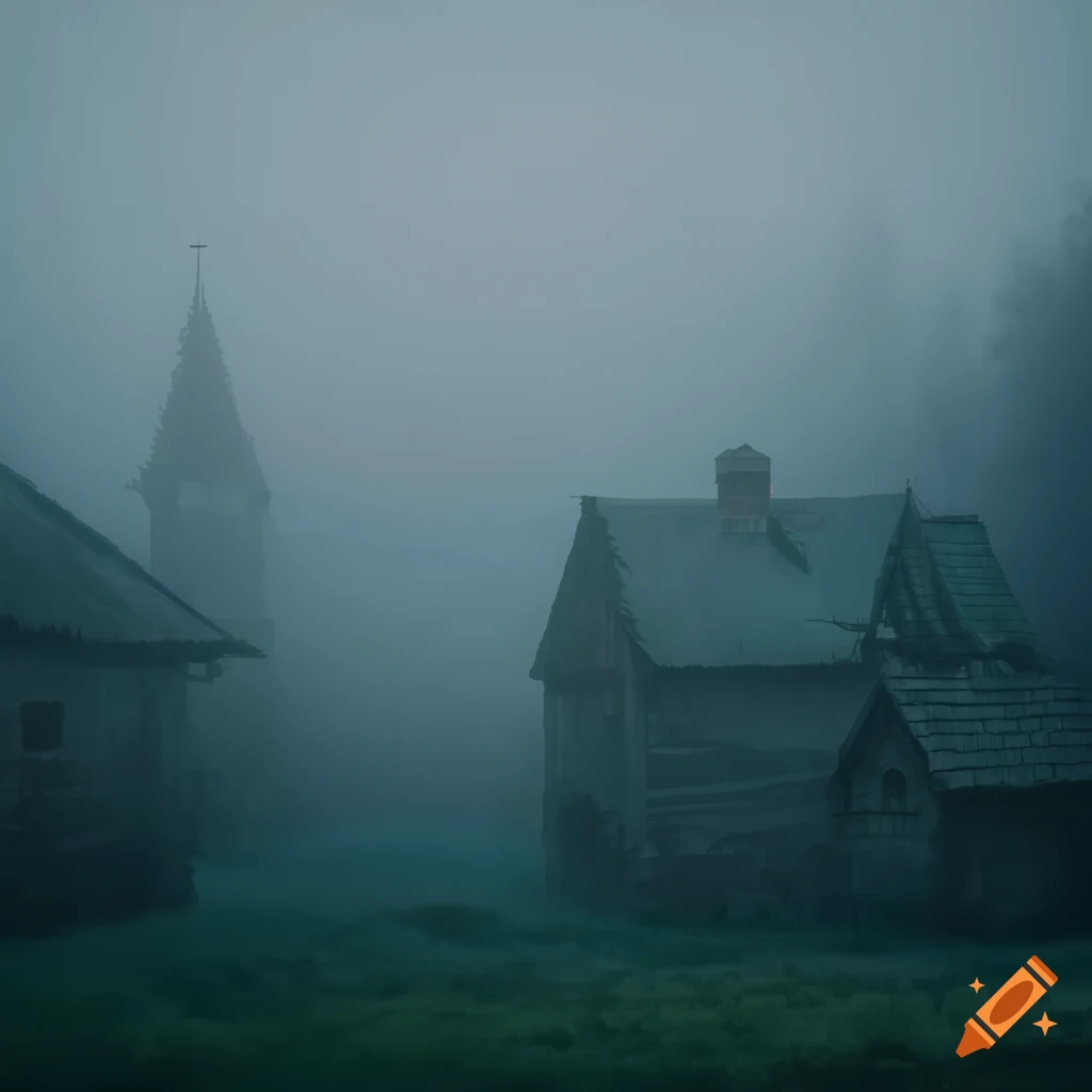 Run down rustic village in dense fog overlooking misty fen on Craiyon