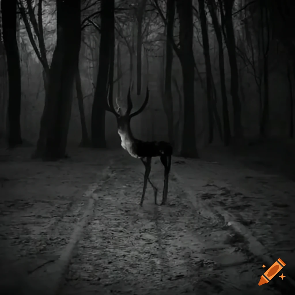 Spooky trail camera capturing a distorted figure and deer in an eerie ...