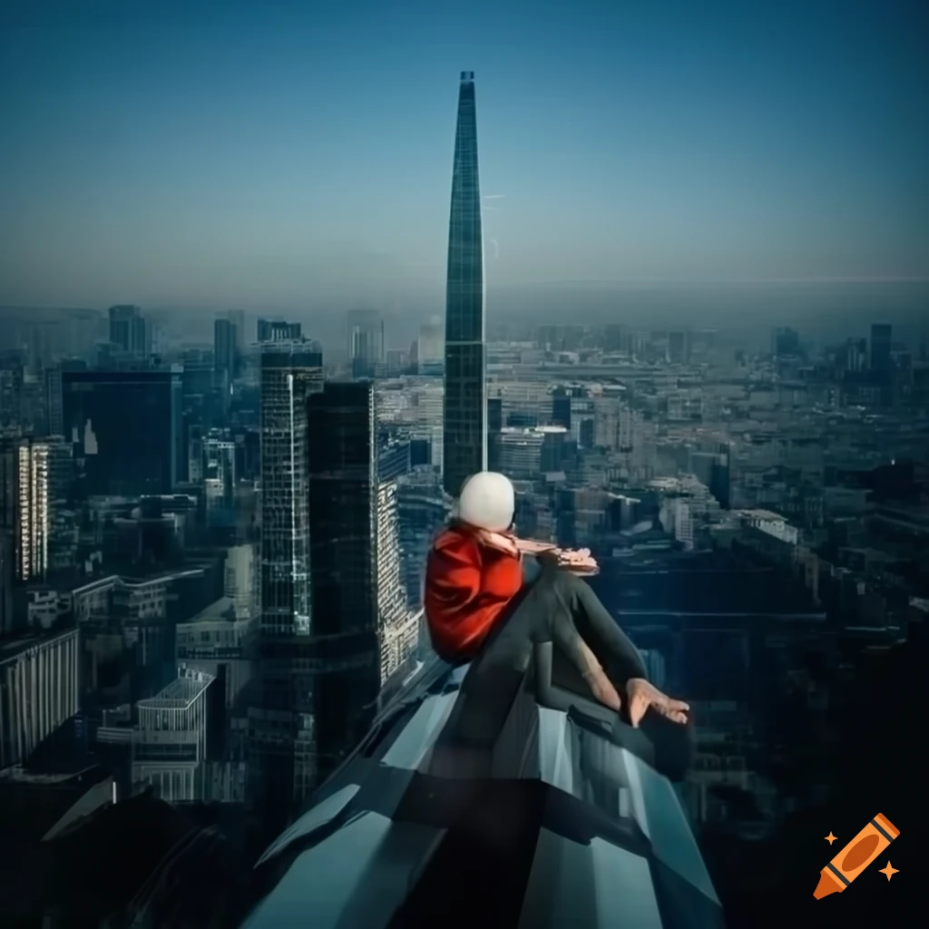 Person sitting on glass skyscraper roof overlooking city in high ...