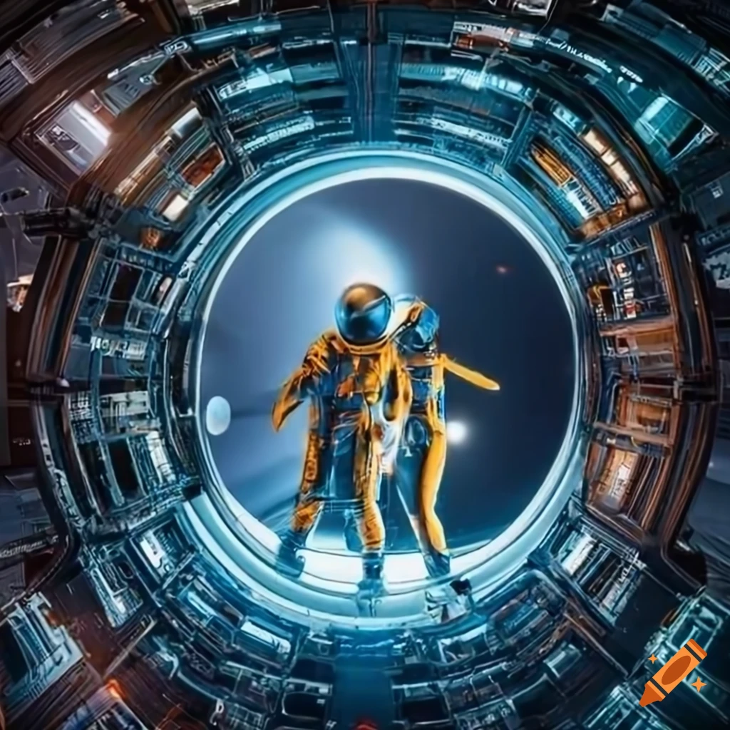 Two men in futuristic spacesuits looking at a curved glass monitor inside a space station on Craiyon