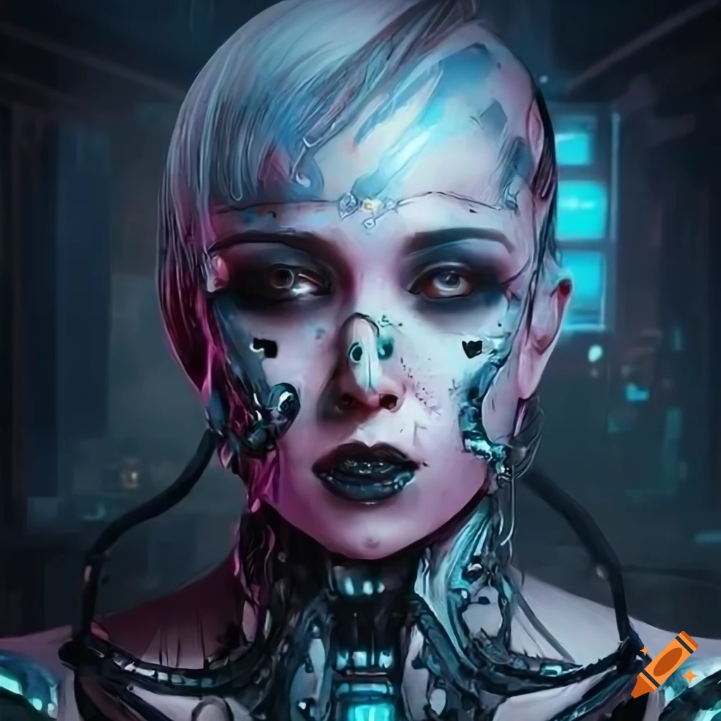 Close-up of a female cyborg goddess in a dark cyberpunk cityscape on ...