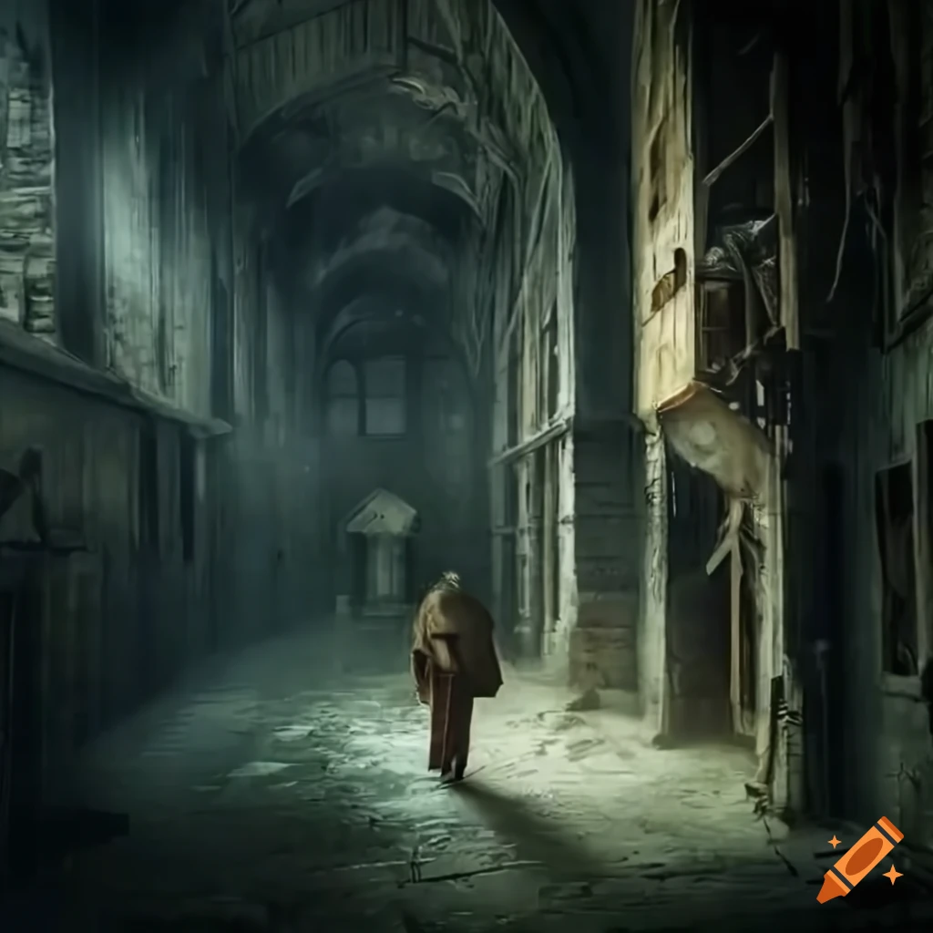 Interior of a steampunk medieval prison complex at night with monks in ...