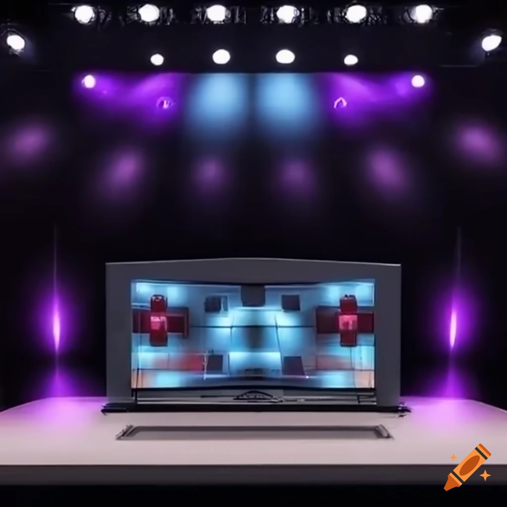 Modern stage set up for broadcasting a lively soccer game with screens and sound system on Craiyon