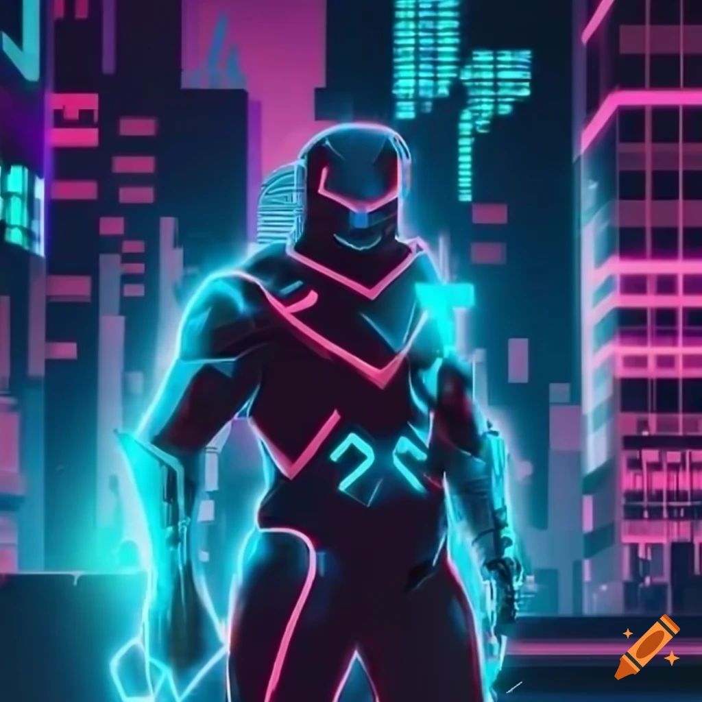 Neon demigod armor superhero in a neon cityscape on Craiyon