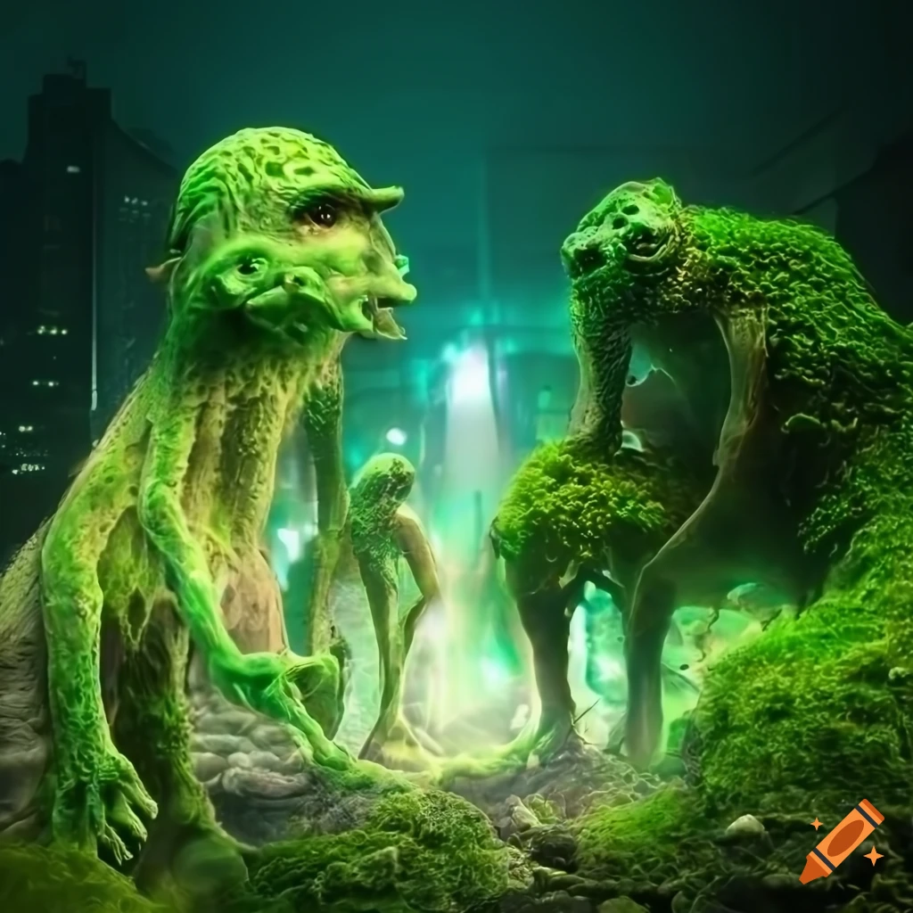 Glowing biopunk cityscape with cyborg mutant omega mart lemon fruit ...