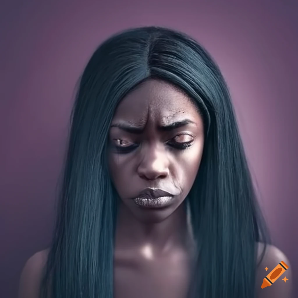 Black woman expressing despair and sadness with long black hair on Craiyon