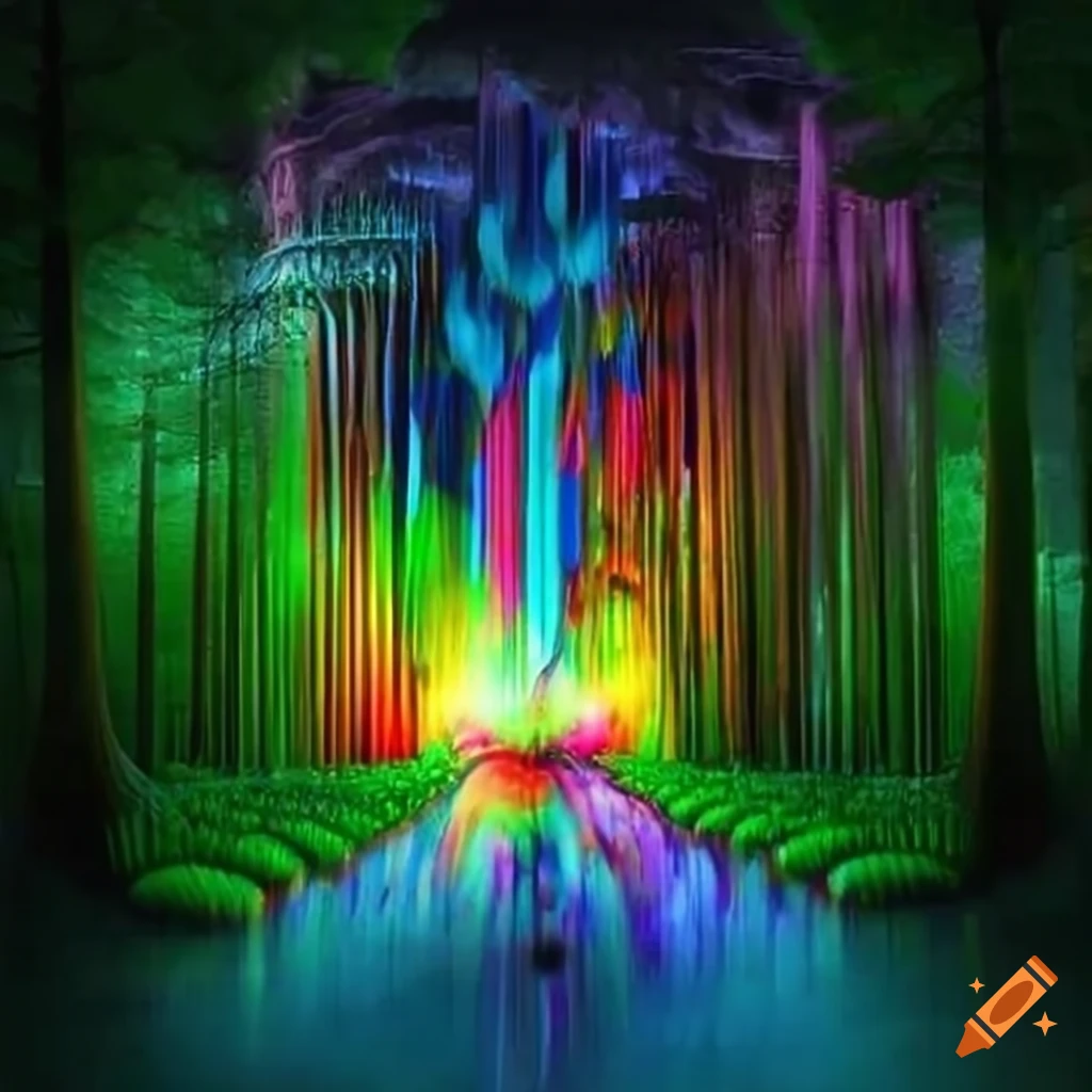 Giant rainbow-colored organ in a vibrant forest setting on Craiyon